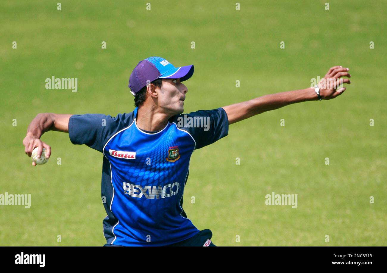 Bangladeshi cricketer Shafiul Islam prepares to throw a ball during a practice for the ICC ...