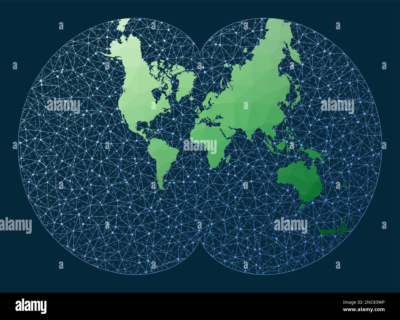 Internet And Global Connected Globe August Projection Green Low Poly World Map With Network