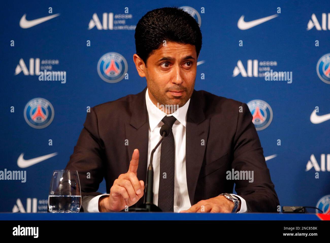 FILE - PSG president Nasser Al-Khelaifi makes point during a press ...
