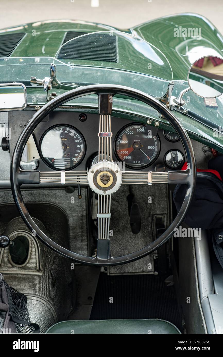 Steering wheel & dashboard of a rare British-built 1952 Jaguar C-Type ...