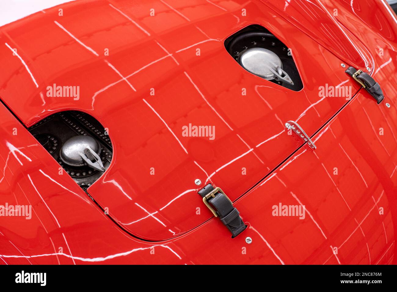 Detail of dual gas caps on a rare 1955 Maserati 300S race car in the ...