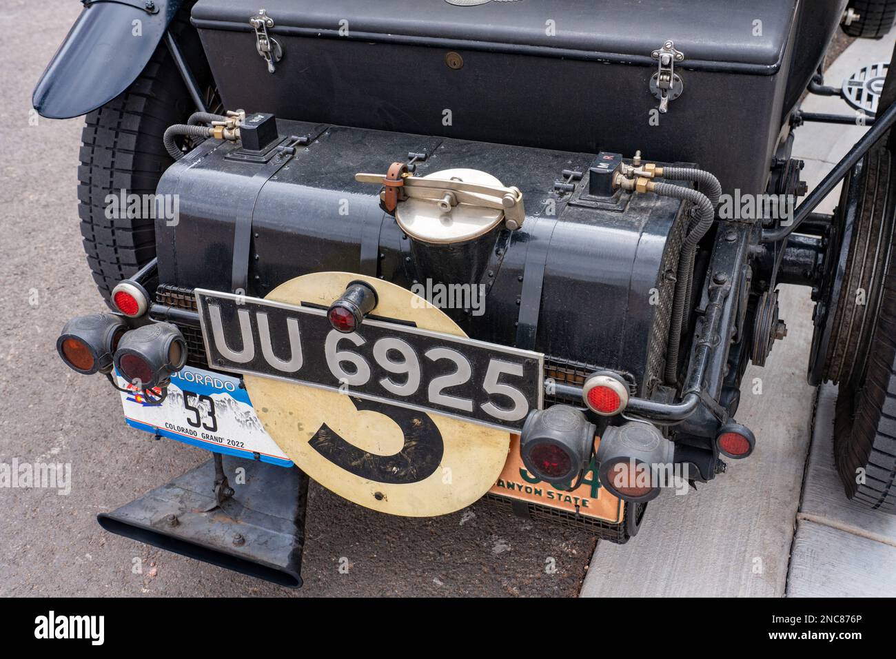 Fuel tank on a vintage British-built 1928 Bentley 4 1/2 Litre Le Mans ...