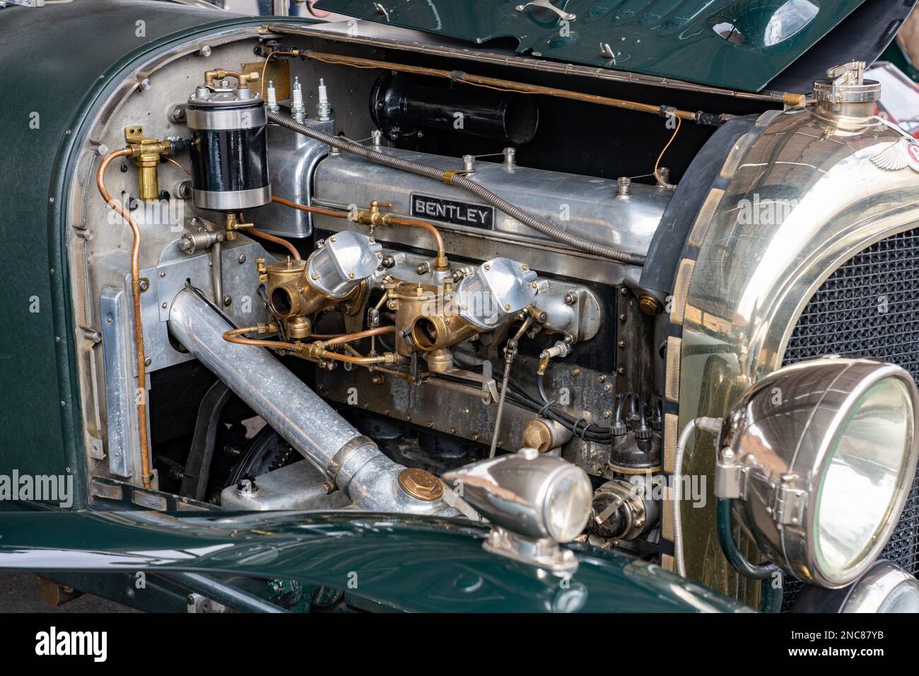 The engine of a vintage British-built 1928 Bentley 4 1/2 Litre Vanden ...
