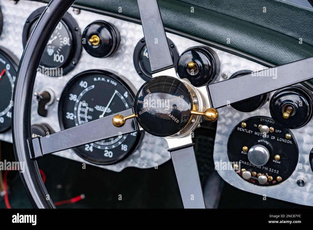 Steering whell & dash of a vintage British-built 1928 Bentley 4 1/2 ...