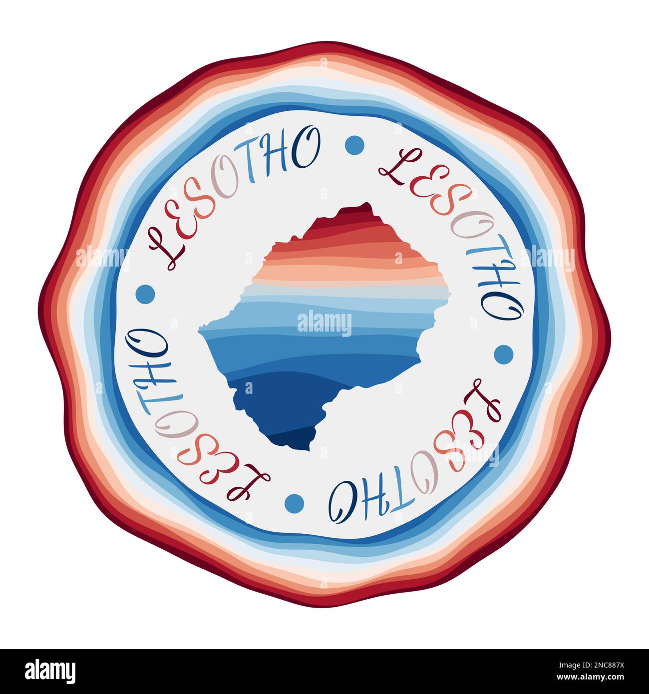 Lesotho badge. Map of the country with beautiful geometric waves and vibrant red blue frame ...