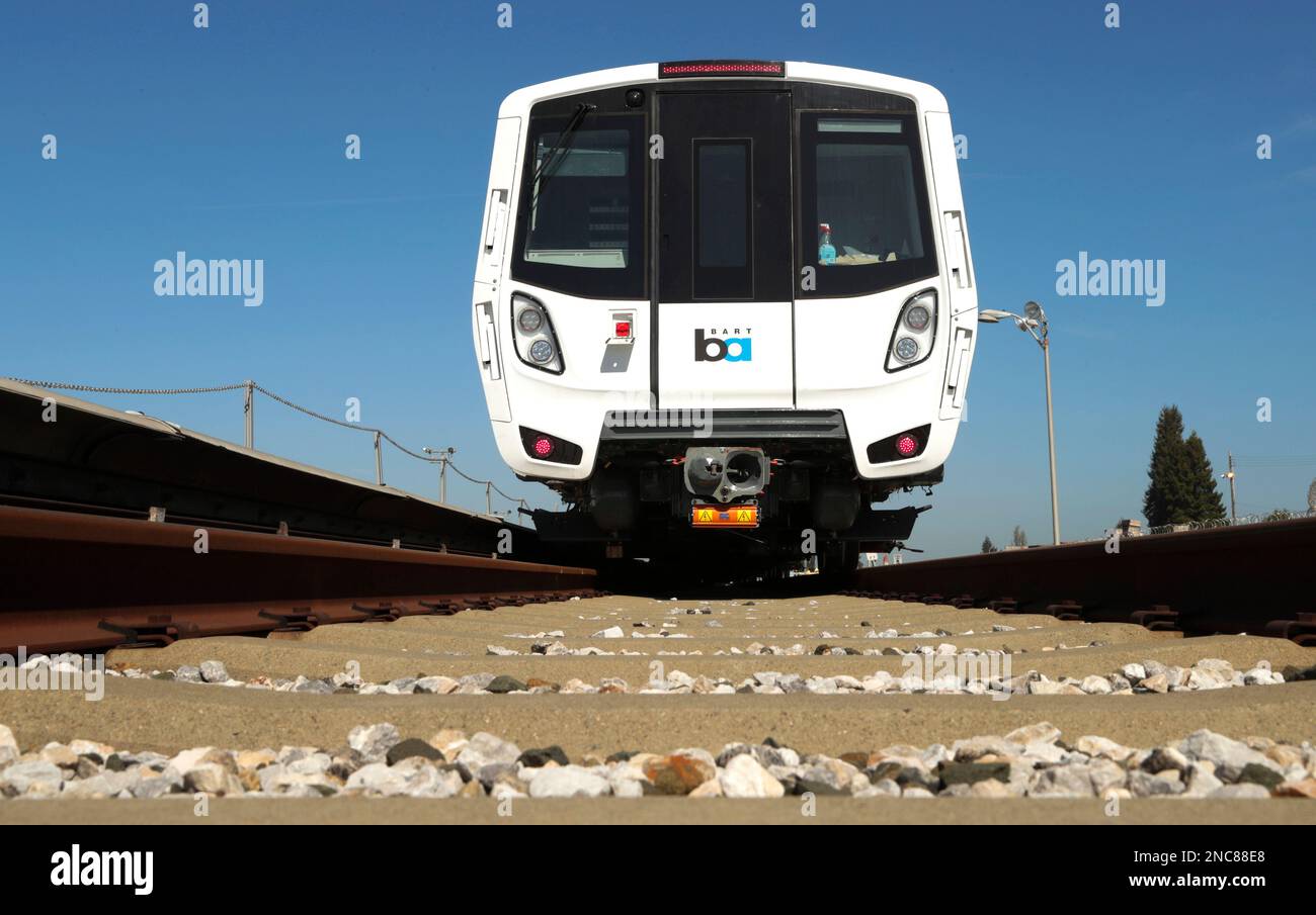The new BART cars sit along the test track at the BART maintenance ...