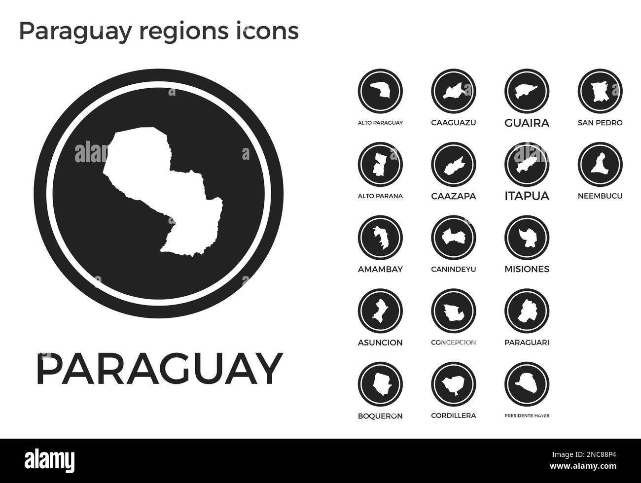 Paraguay regions icons. Black round logos with country regions maps and ...