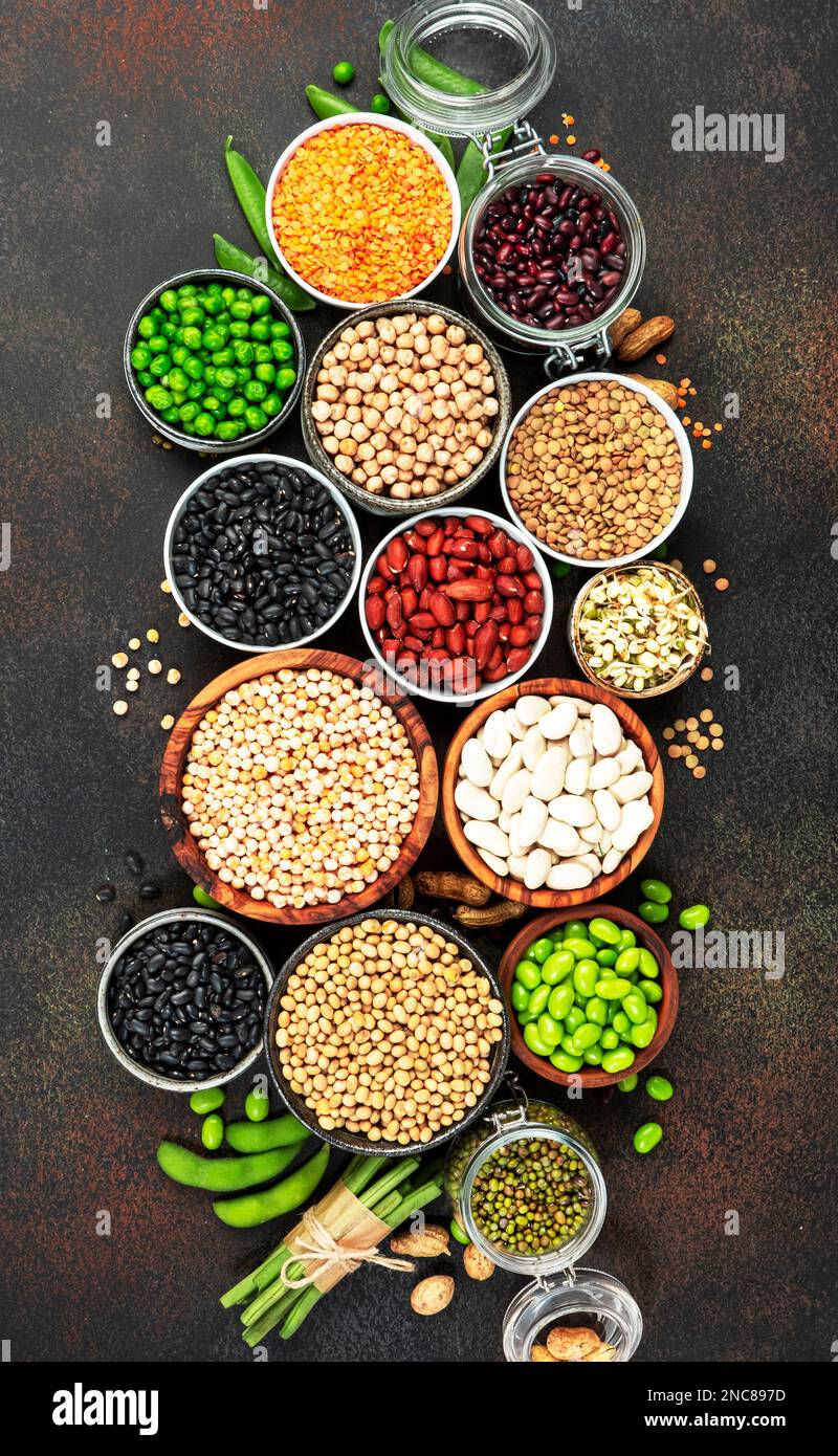 Legumes, beans and sprouts. Dried, raw and fresh, top view. Red kidney ...