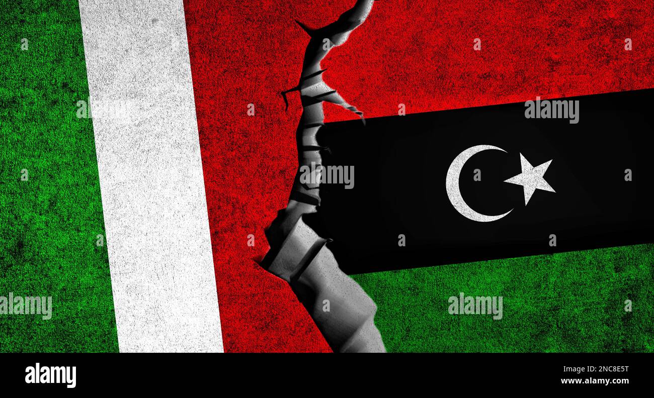Italy and Libya flags on a wall with a crack. Libya and Italy relations ...