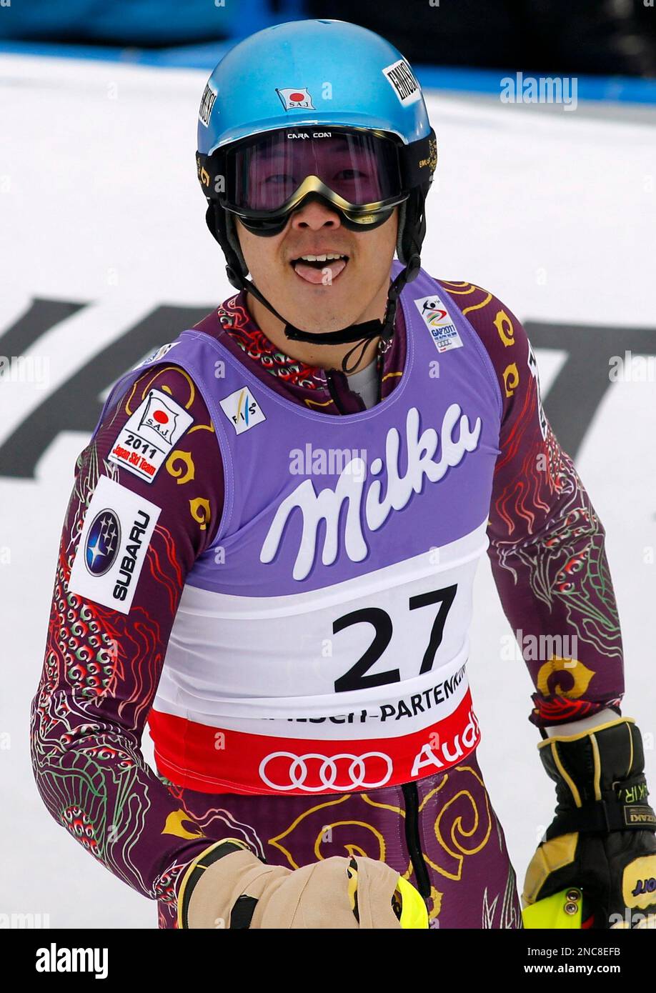 Japan's Akira Sasaki reacts after completing the first run of the men's slalom, at the Alpine ...