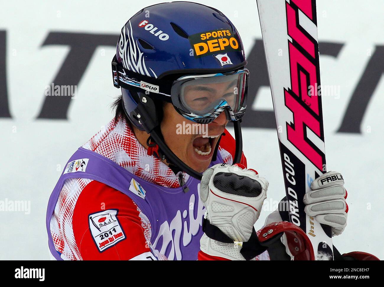 Japan's Naoki Yuasa reacts after completing the first run of the men's slalom, at the Alpine ...