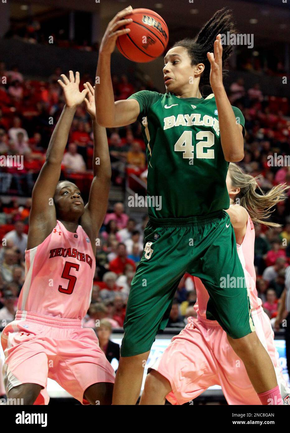 Baylor's Brittney Griner (42) grabs a pass against Texas Tech's ...