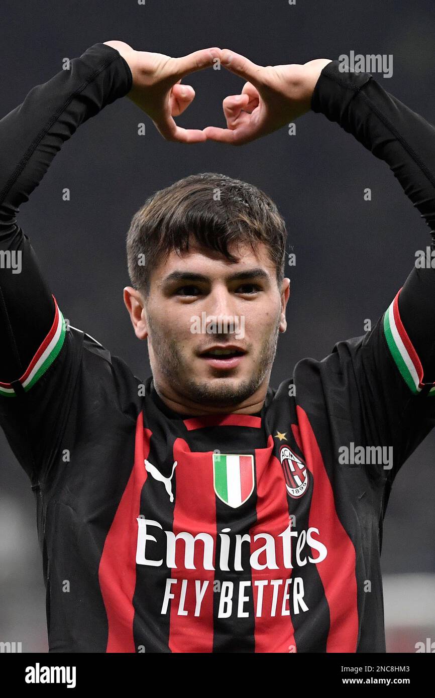 Milano, Italy. 14th Feb, 2023. Brahim Diaz of AC Milan celebrates after ...