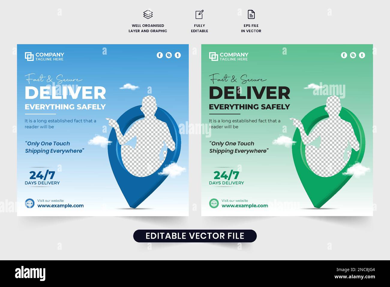 Food delivery business social media post vector with blue and green ...