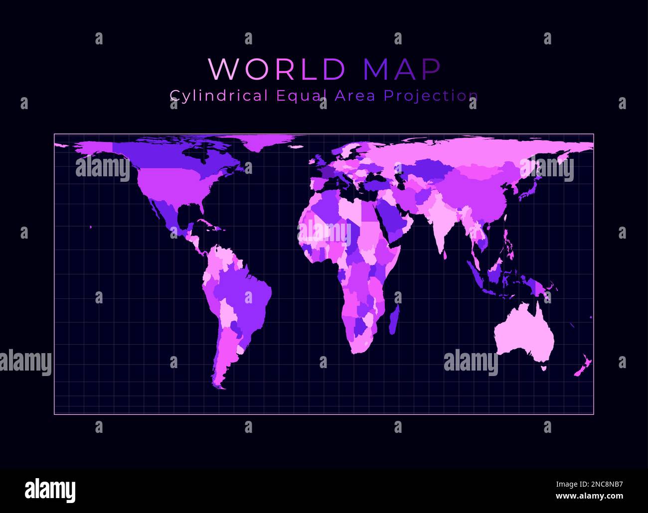 World Map. Cylindrical equal-area projection. Digital world illustration. Bright pink neon ...