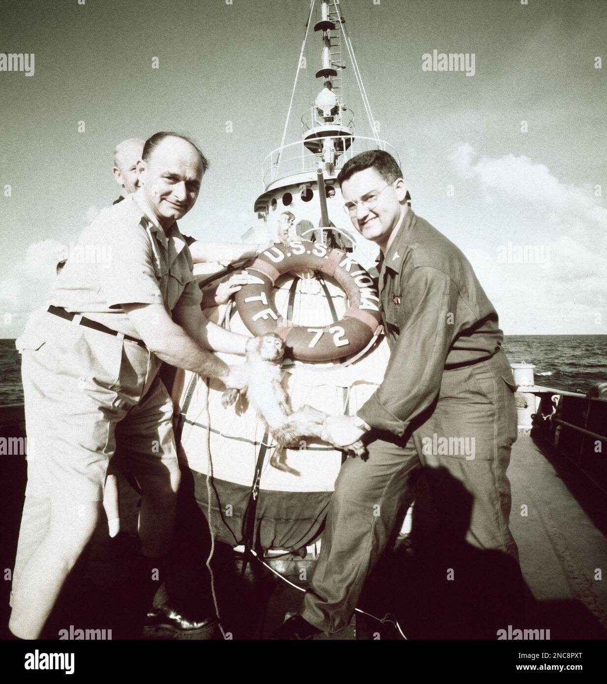 Able, the American-born Rhesus monkey, shown aboard the USS Kiowa (ATF ...