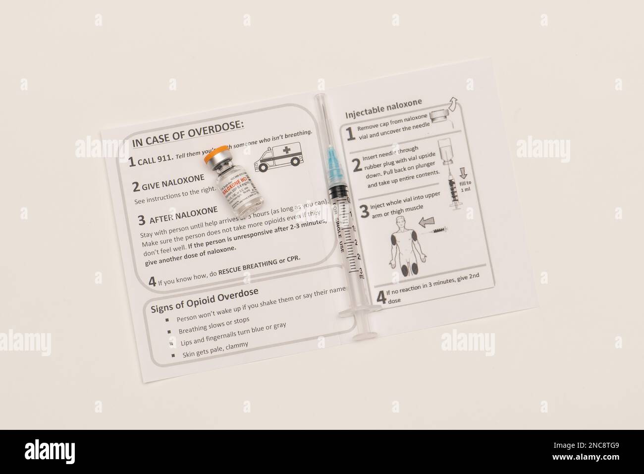 A bottle of Naloxone with needle and instructions on how to administer ...
