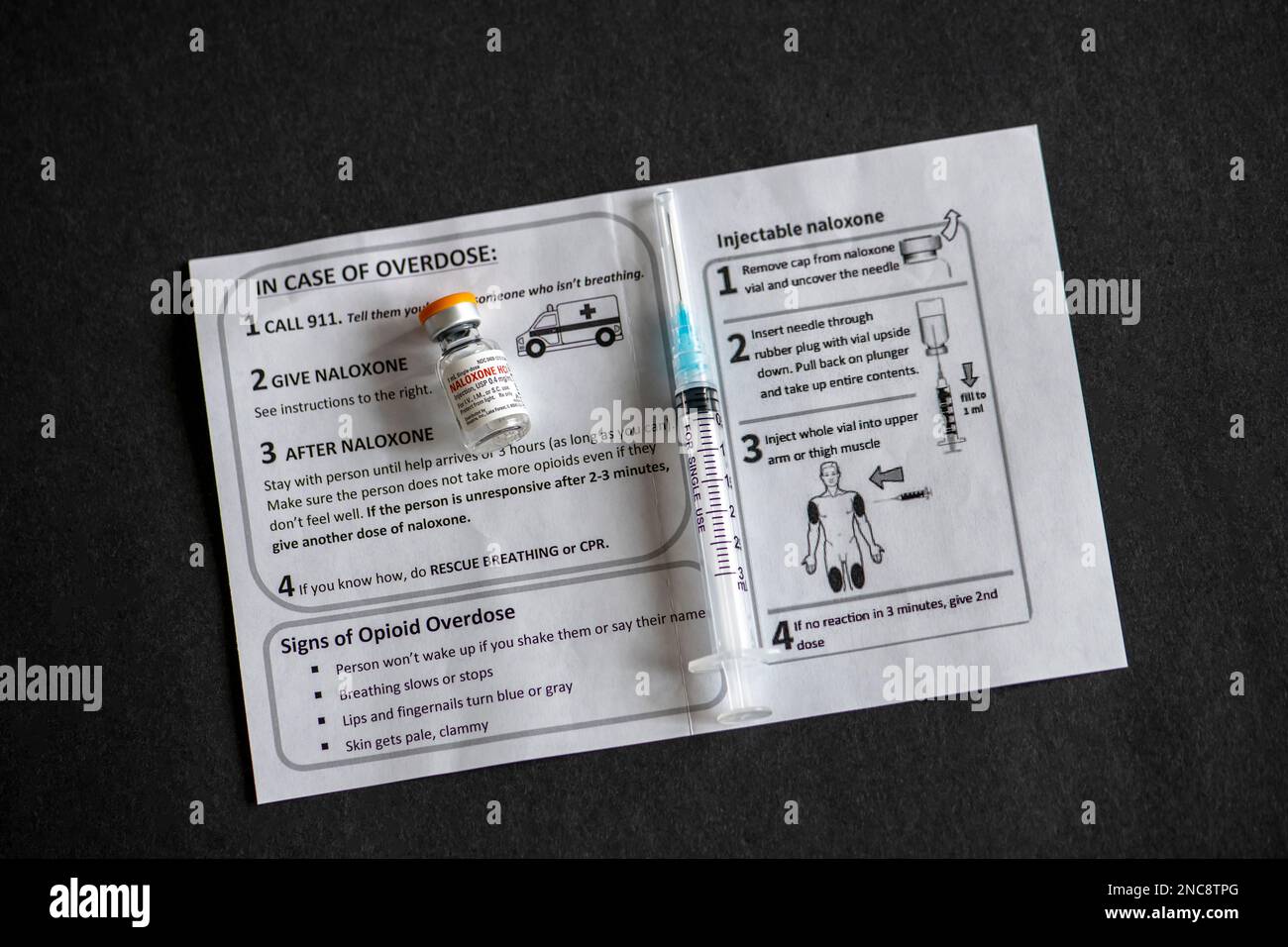 A bottle of Naloxone with needle and instructions on how to administer ...