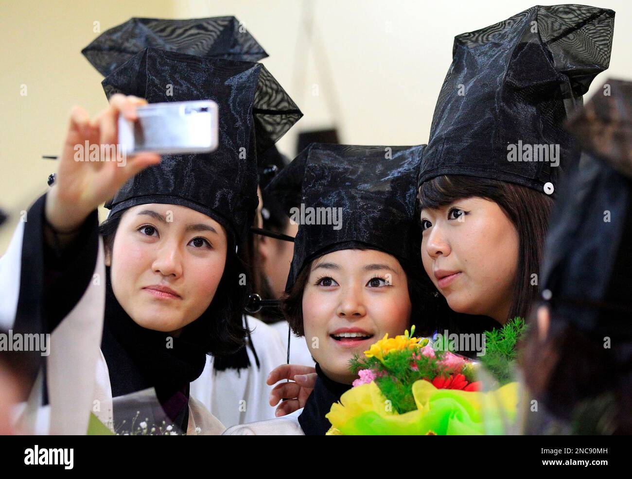 South Korean university students wearing traditional clothes of the ...