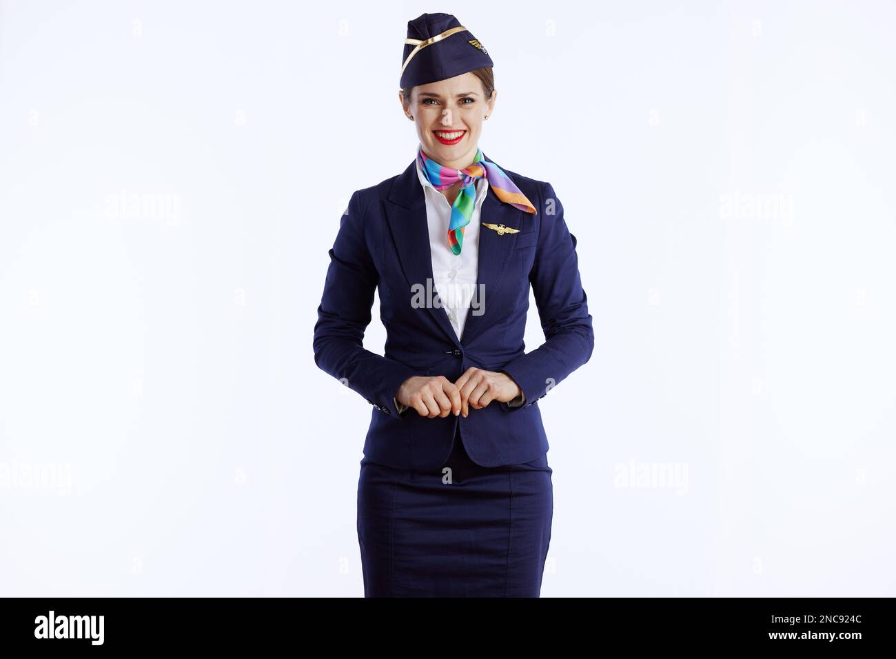 happy stylish air hostess woman isolated on white background in uniform ...