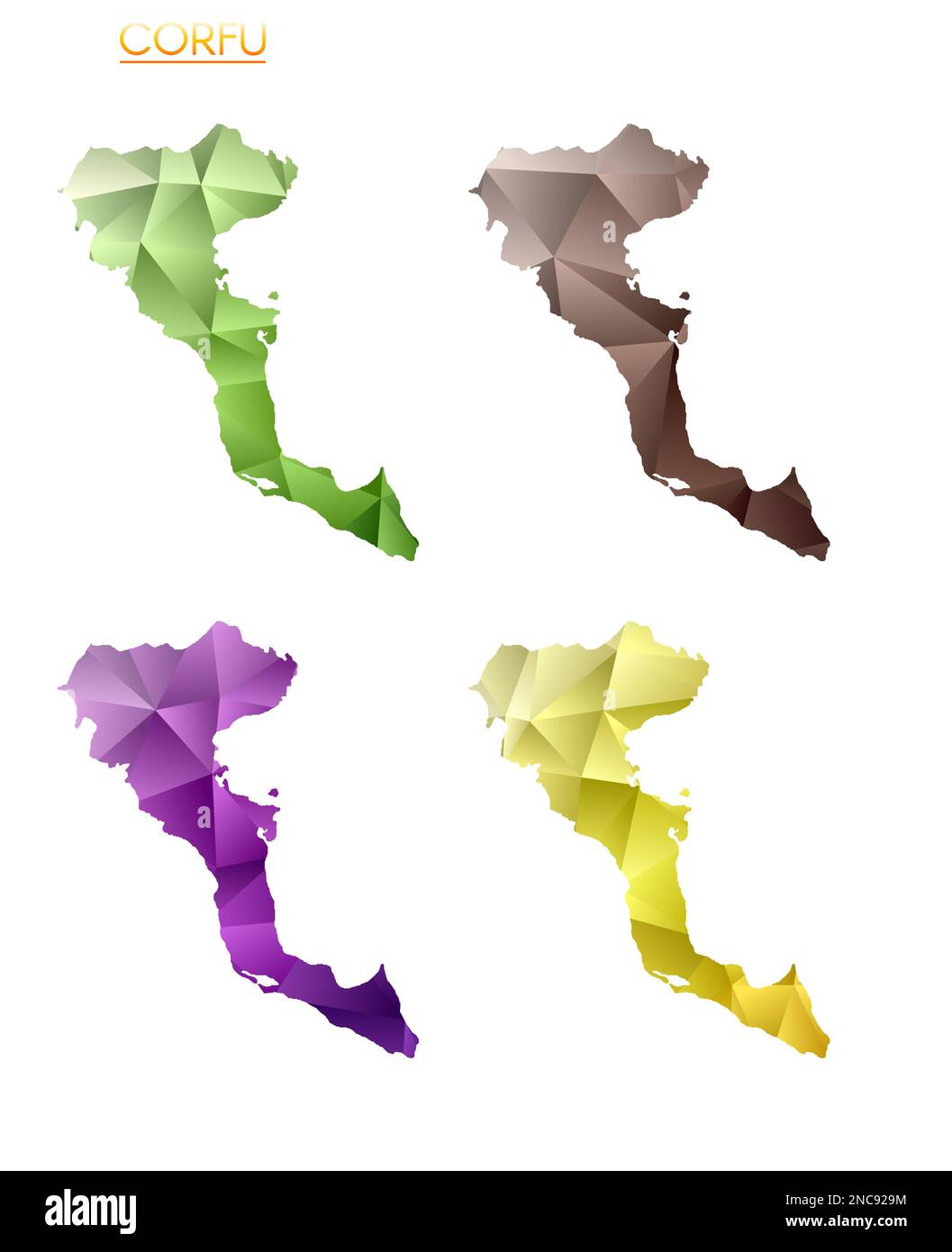Set of vector polygonal maps of Corfu. Bright gradient map of island in ...