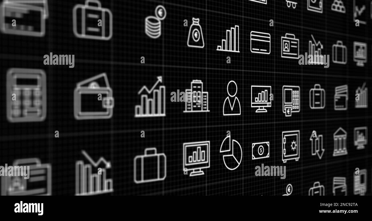 Image of data processing and business icons over black background ...