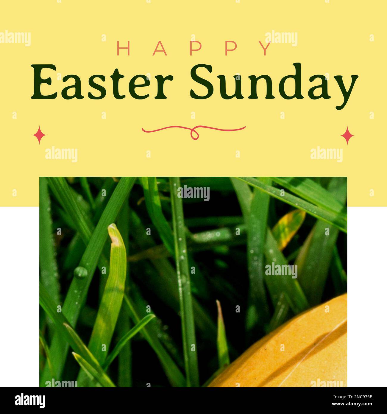 Composition of happy easter sunday text with grass on yellow and white ...
