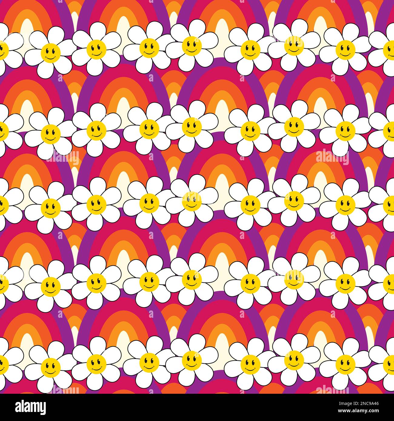 Seamless pattern with Smile Daisy Flower cartoons and rainbows ...