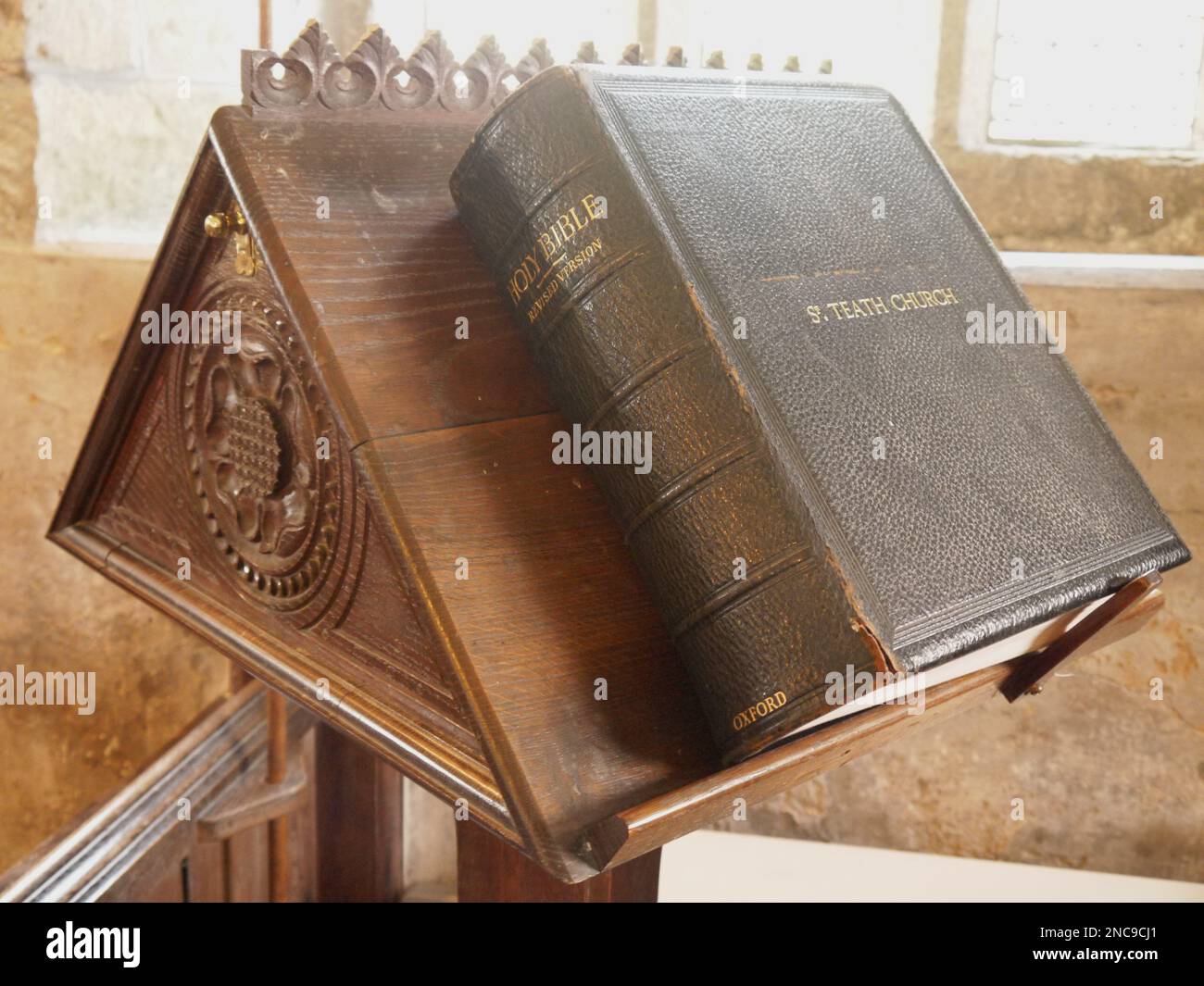Holy Bible on the lectern at St Teath Church, Cornwall, UK Stock Photo ...