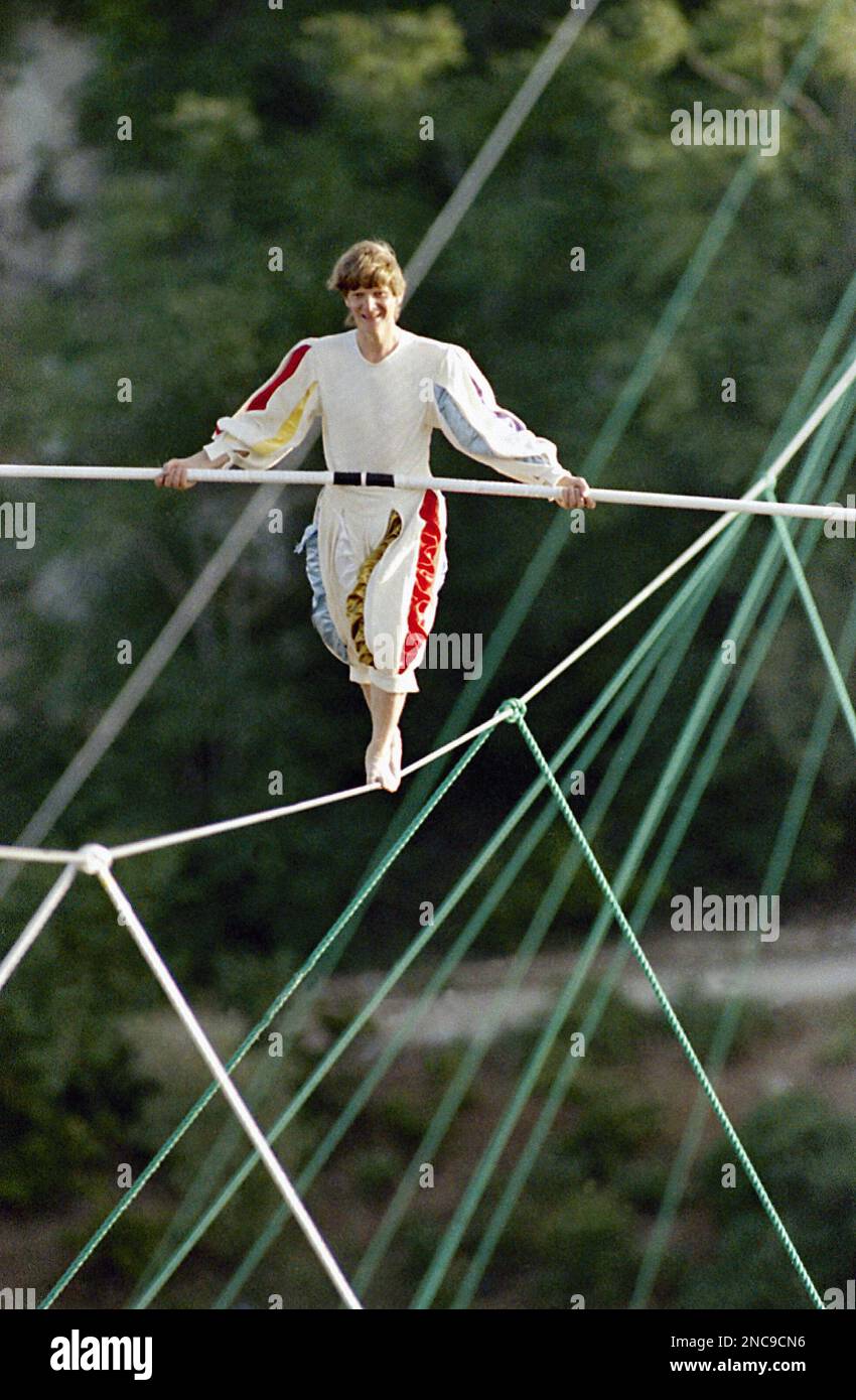 French high wire walker Philippe Petit crops his shoe (seem at bottom ...