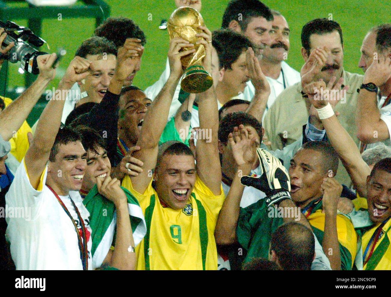 In this June 30, 2002, file photo, Brazil's Ronaldo (9) holds up the ...