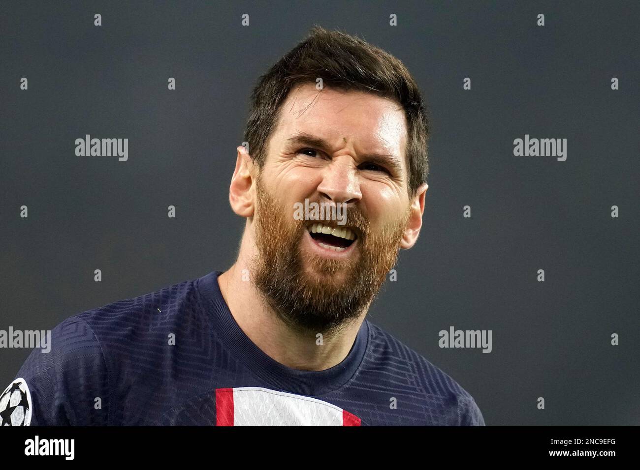 PSG's Lionel Messi reacts during the Champions League round of 16 first ...