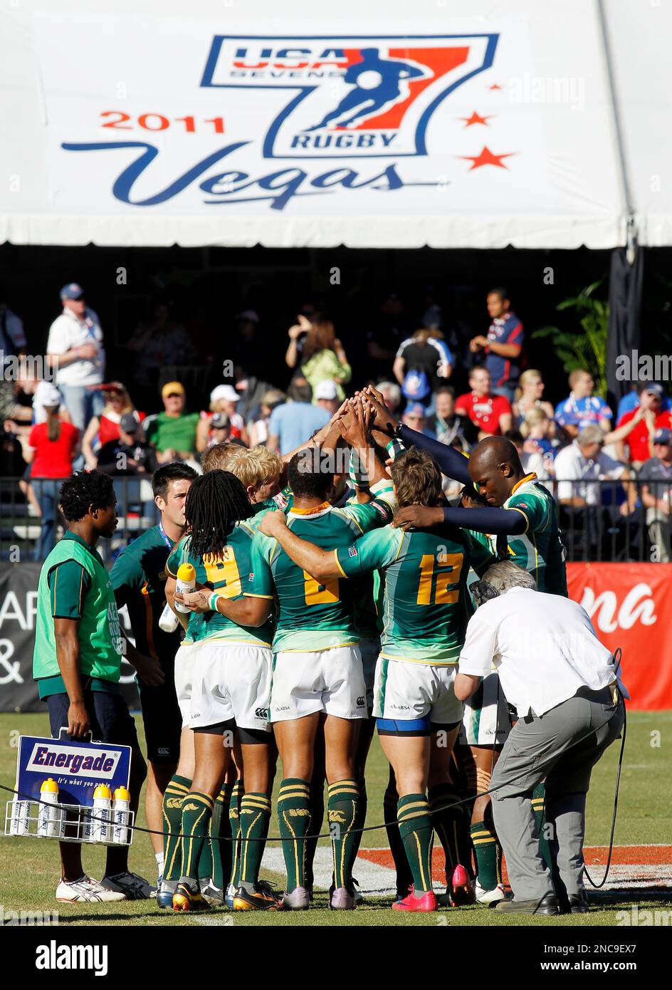 The Republic of South Africa gathers during a half-time break during ...