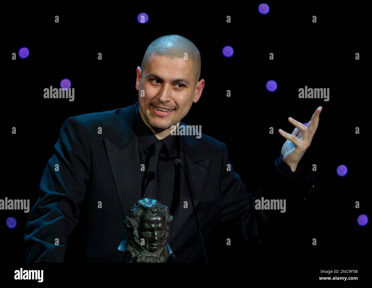 Director Rodrigo Cortes reacts with his Goya award for Buried during ...
