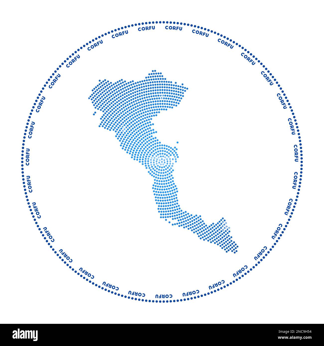 Corfu round logo. Digital style shape of Corfu in dotted circle with ...