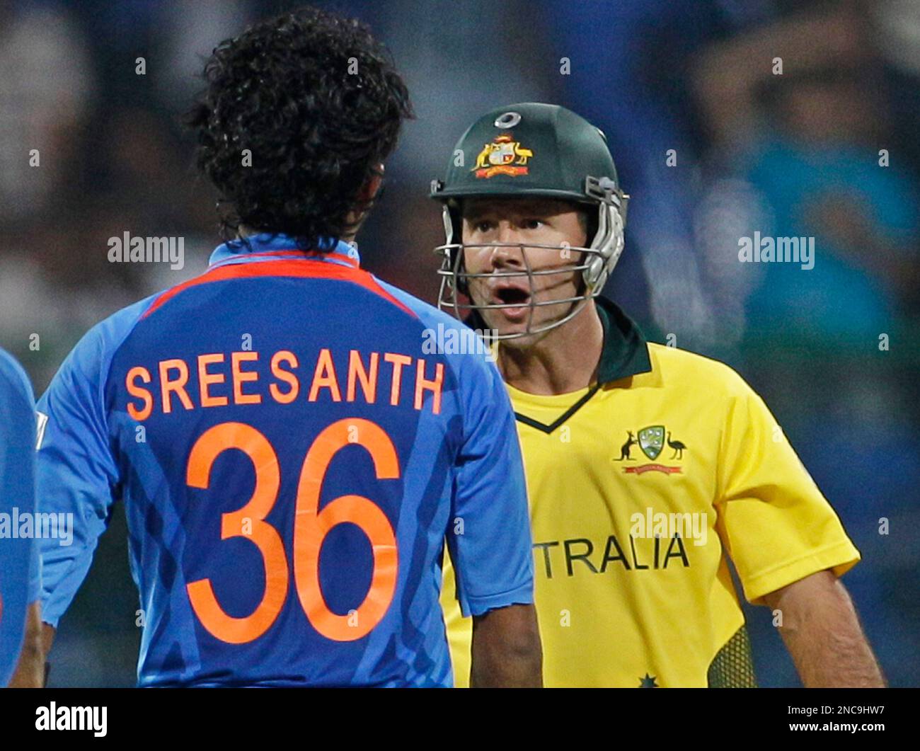 India's Shantakumaran Sreesanth, and Australia's captain Ricky Ponting ...