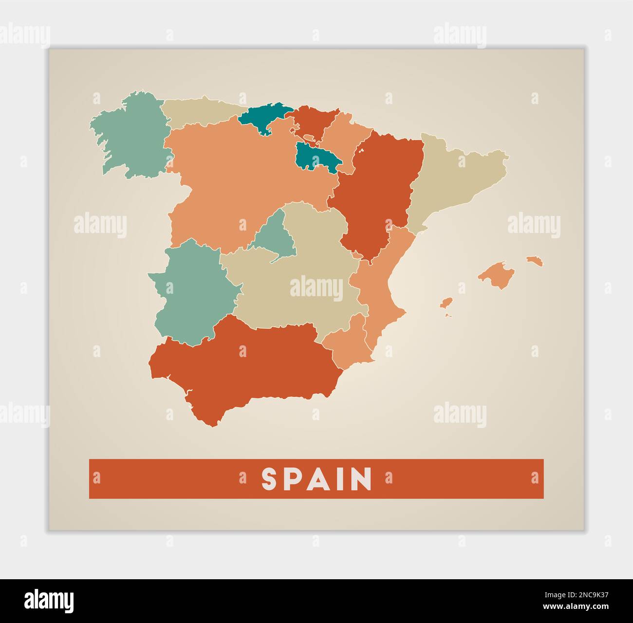Spain poster. Map of the country with colorful regions. Shape of Spain ...