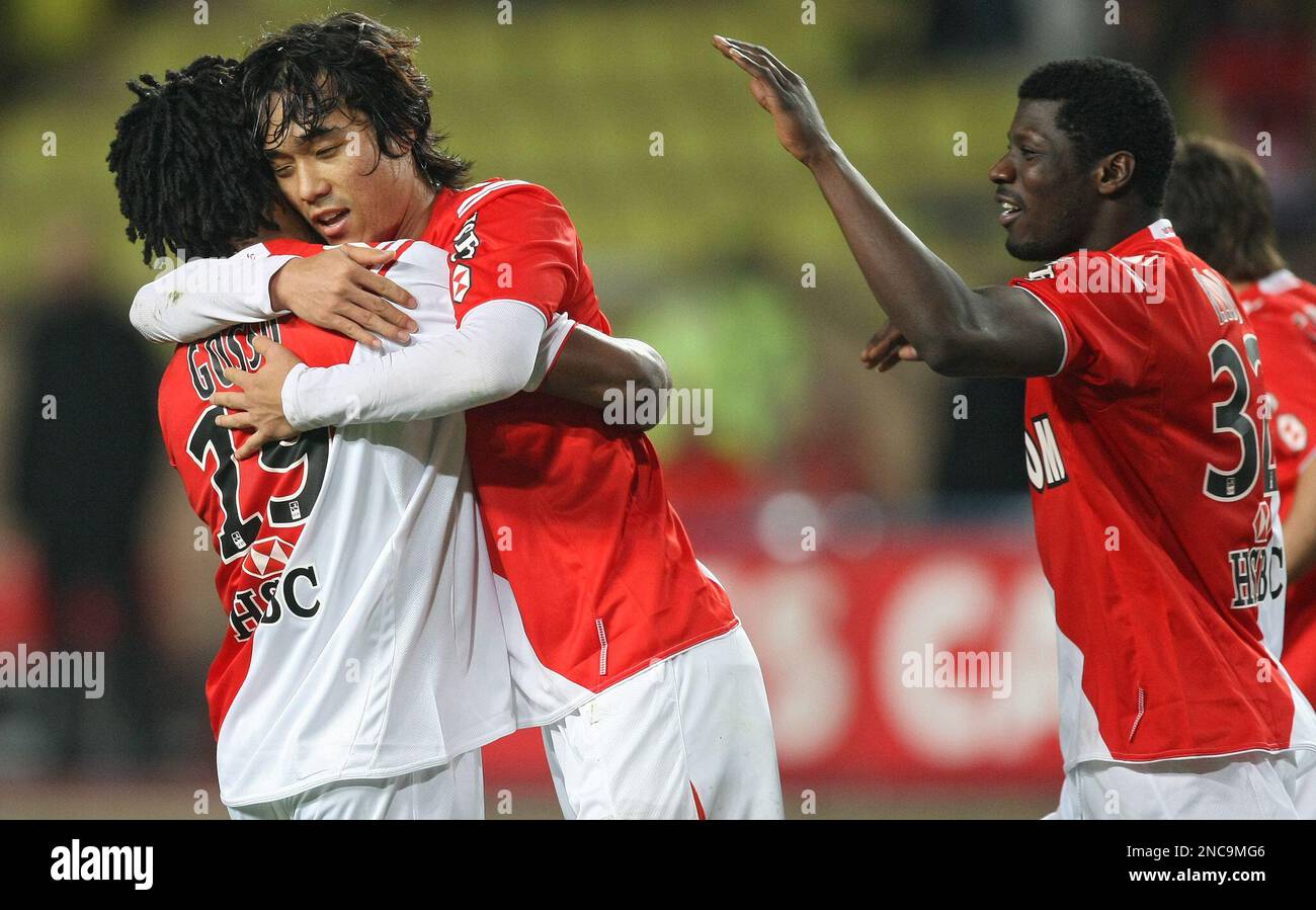 Monaco's Chu-Young Park of South Korea, center, is congratulated after ...