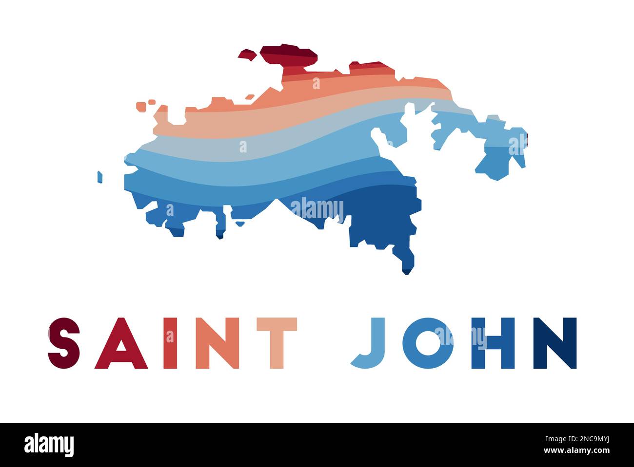 Saint John map. Map of the island with beautiful geometric waves in red ...