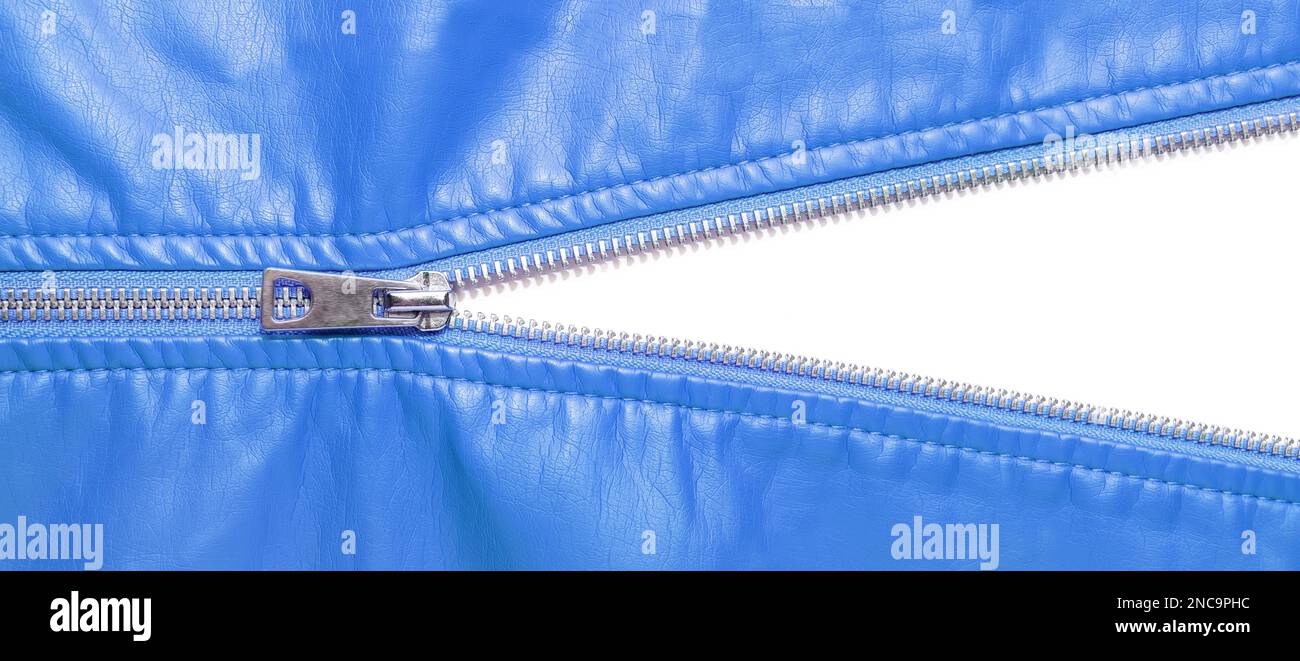 Blue leather texture and open metal zipper isolated on white background ...