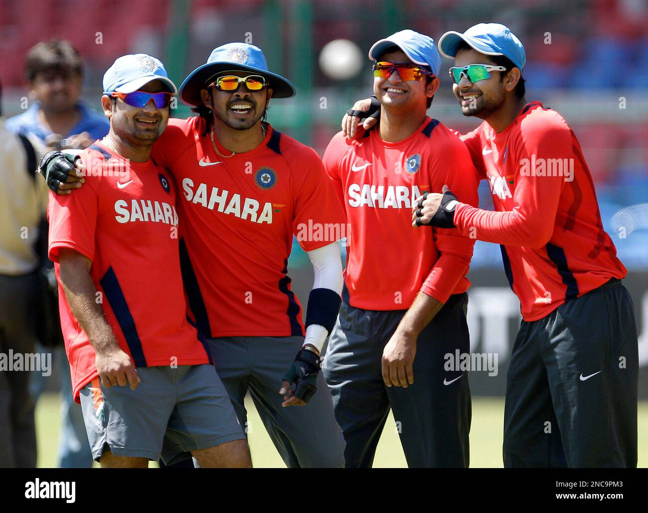 Indian cricketers, from left, Piyush Chawla, S. Sreesanth, Suresh Raina and Virat Kohli share a ...