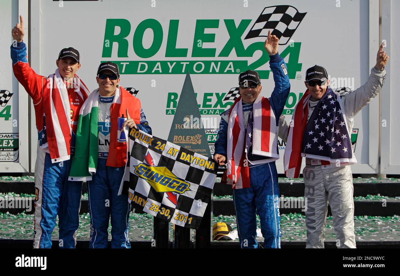 Winning drivers, from left, Graham Rahall, Memo Rojas, of Mexico, Scott ...
