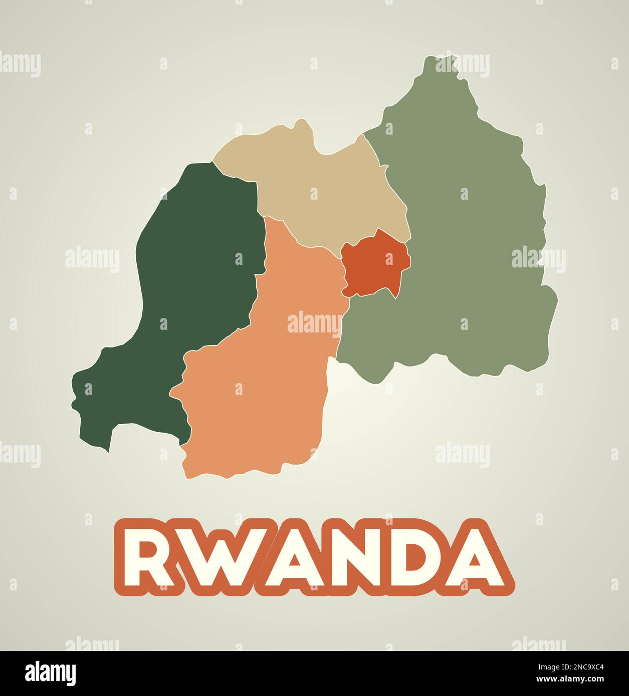 Rwanda poster in retro style. Map of the country with regions in autumn ...