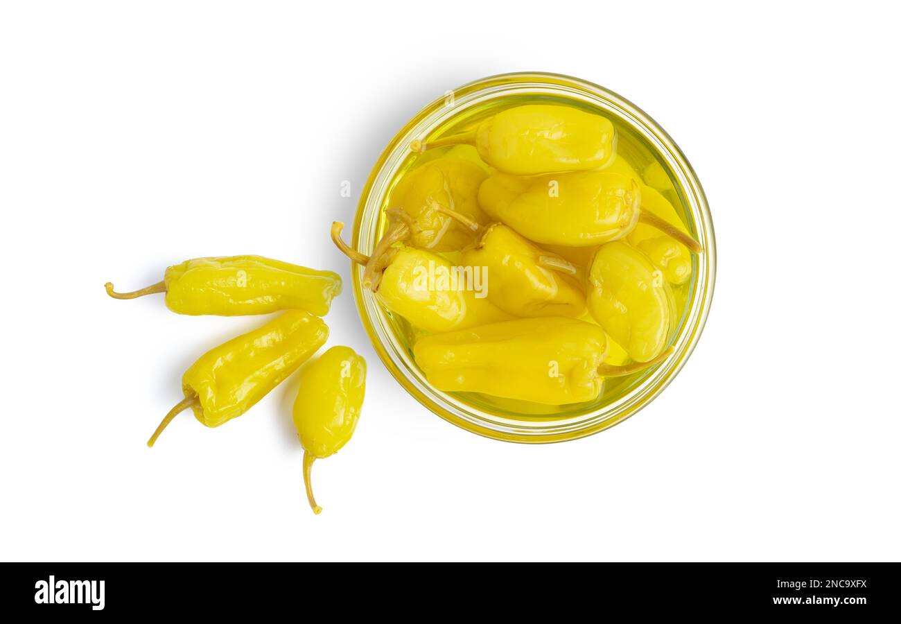 Pickled yellow pepper, pepperoncini or friggitelli in bowl isolated on ...