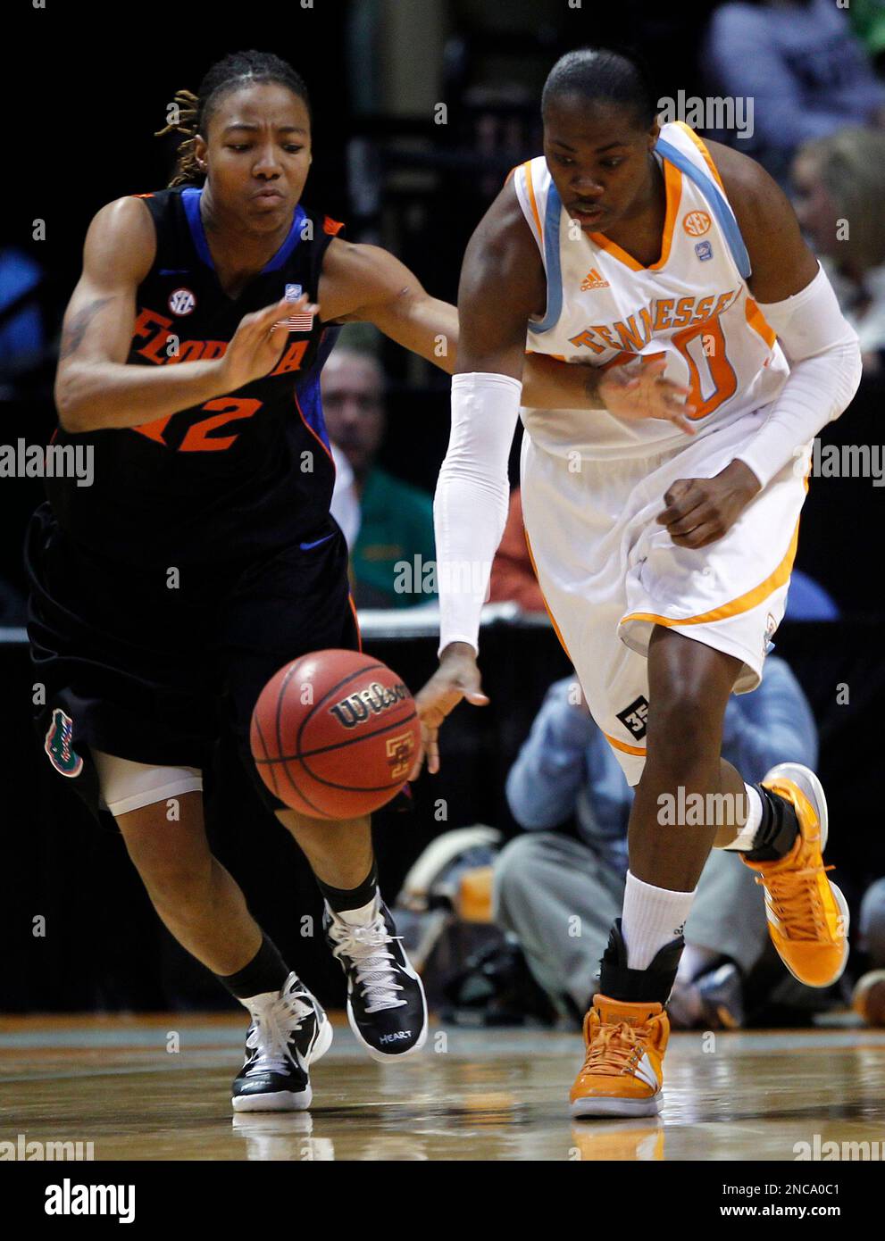 Tennessee's Shekinna Stricklen, right, battles for the ball with ...