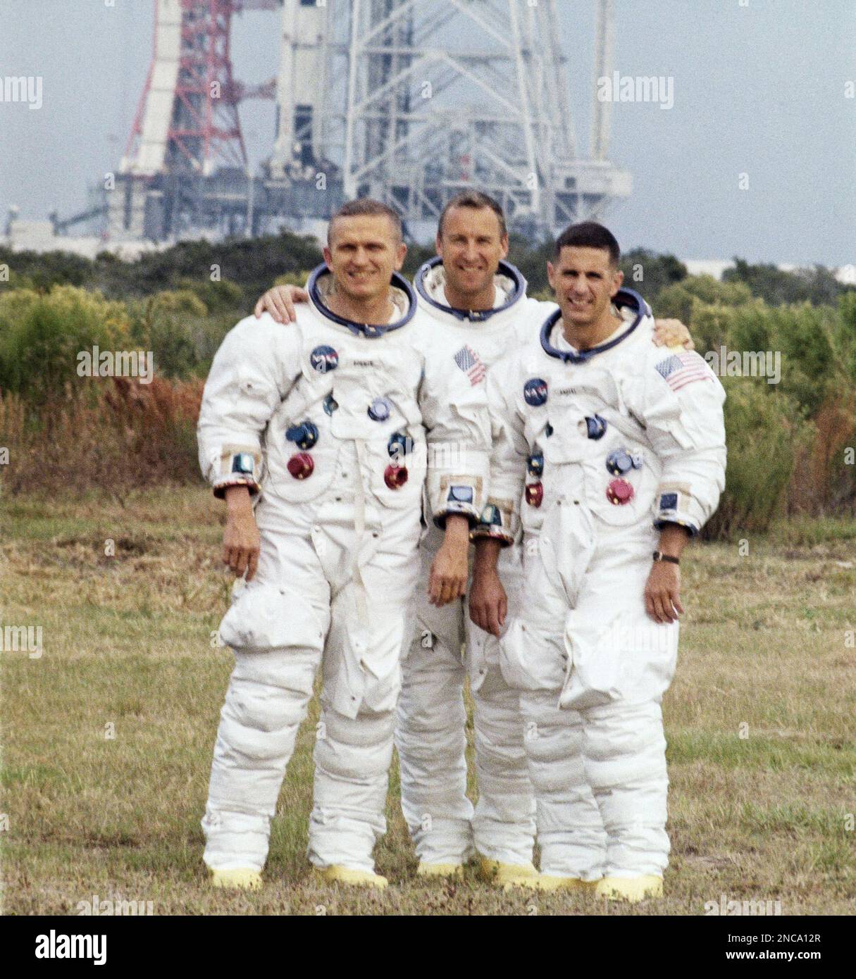 The prime crew for the Apollo 8 pose on Oct. 22, 1968 at Cape Kennedy ...