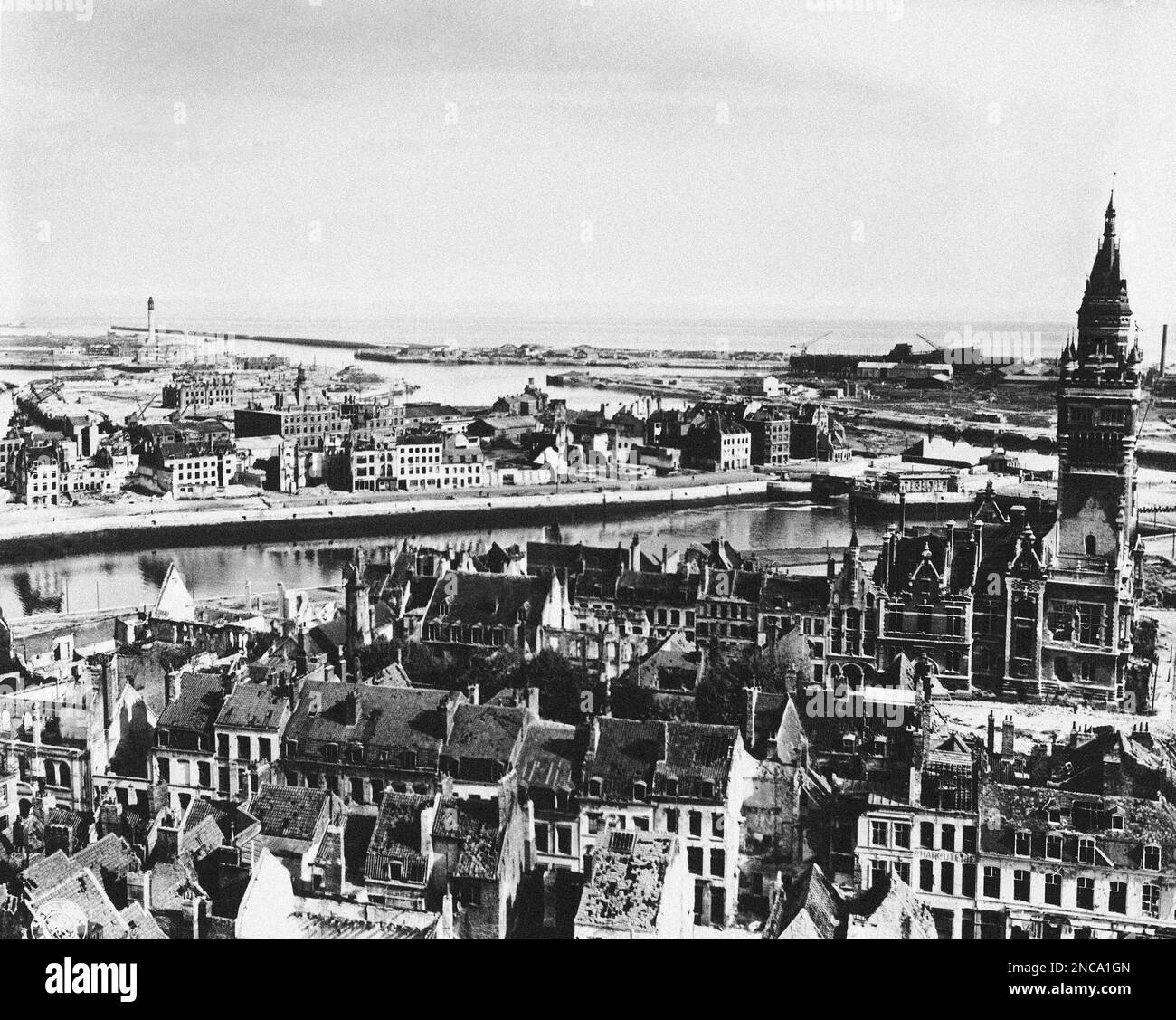 Overall view of Port of Dunkerque, showing beaches and destruction in ...