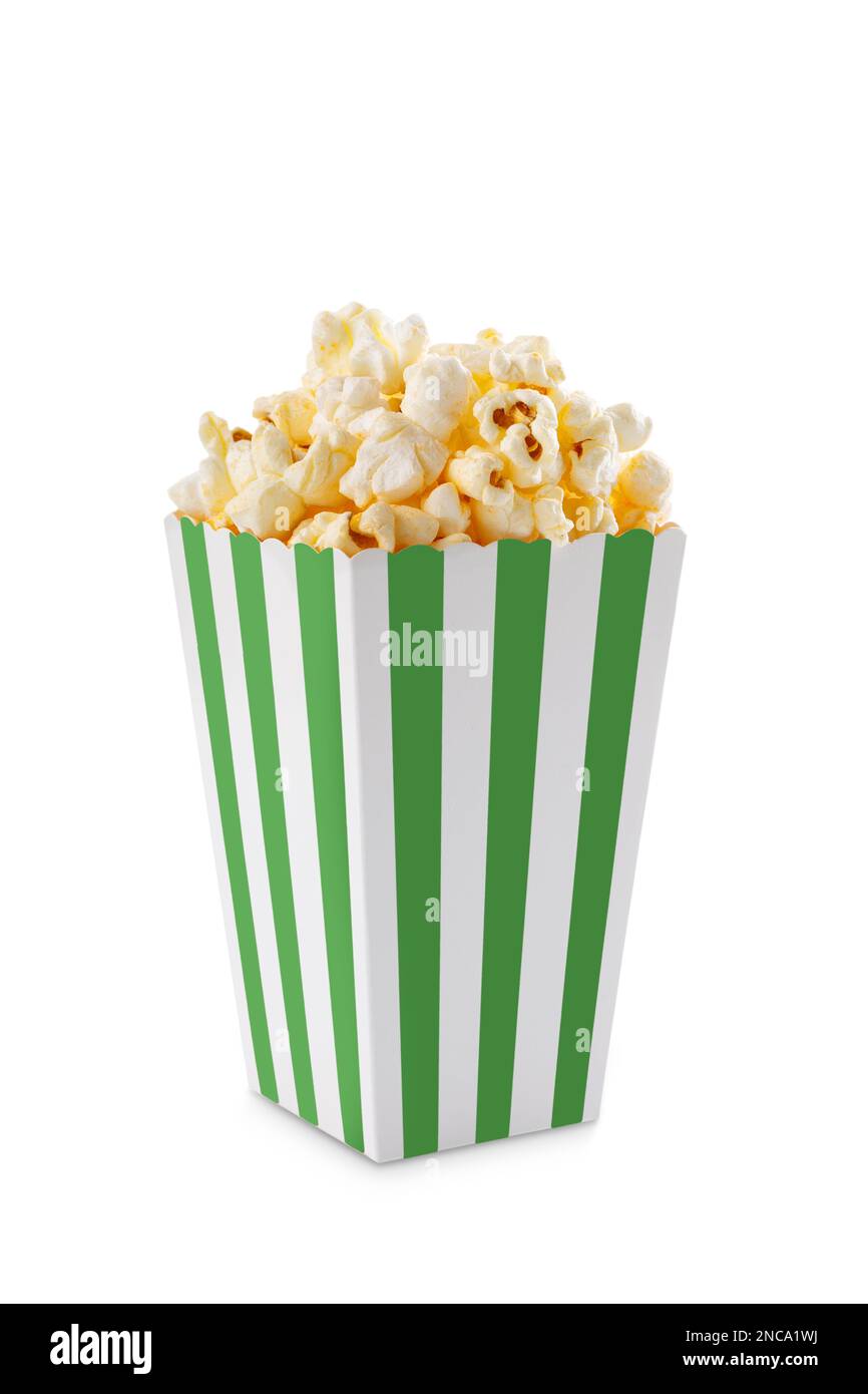Green white striped carton bucket with tasty cheese popcorn, isolated ...