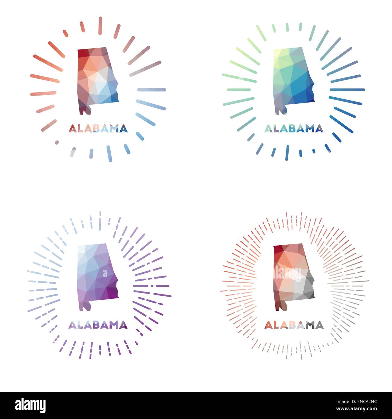 Alabama low poly sunburst set. Logo of US state in geometric polygonal ...