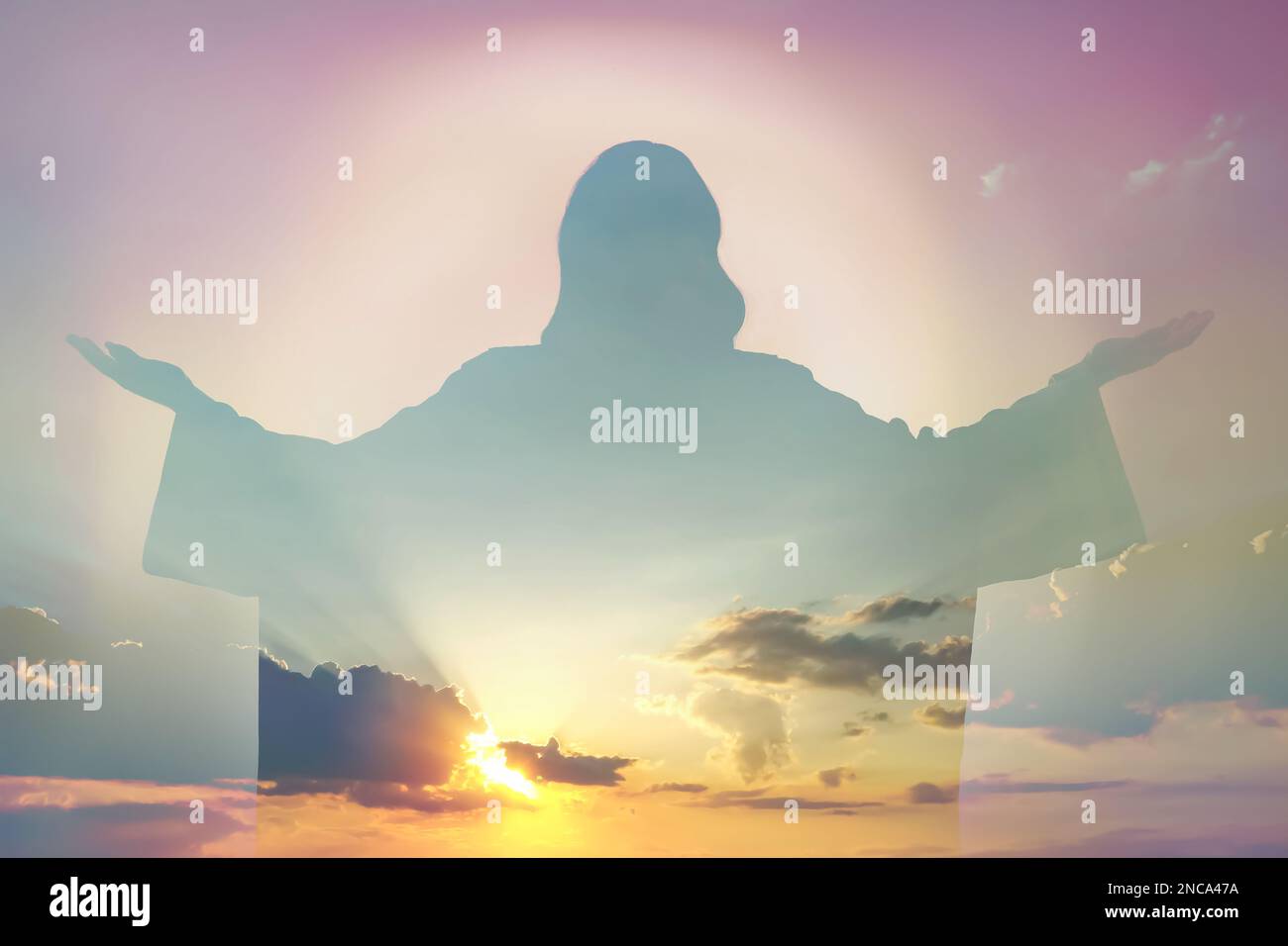 Silhouette of Jesus Christ and cloudy sky, double exposure Stock Photo ...